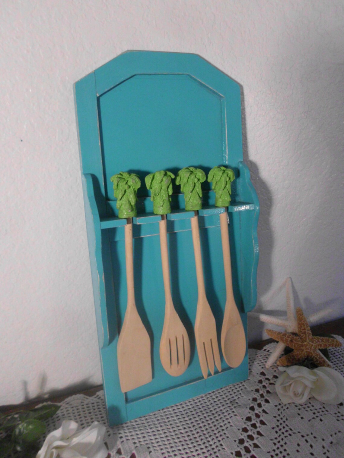 Turquoise Blue Lime Green Palm Tree Kitchen Wood Utensil Set Beach ...