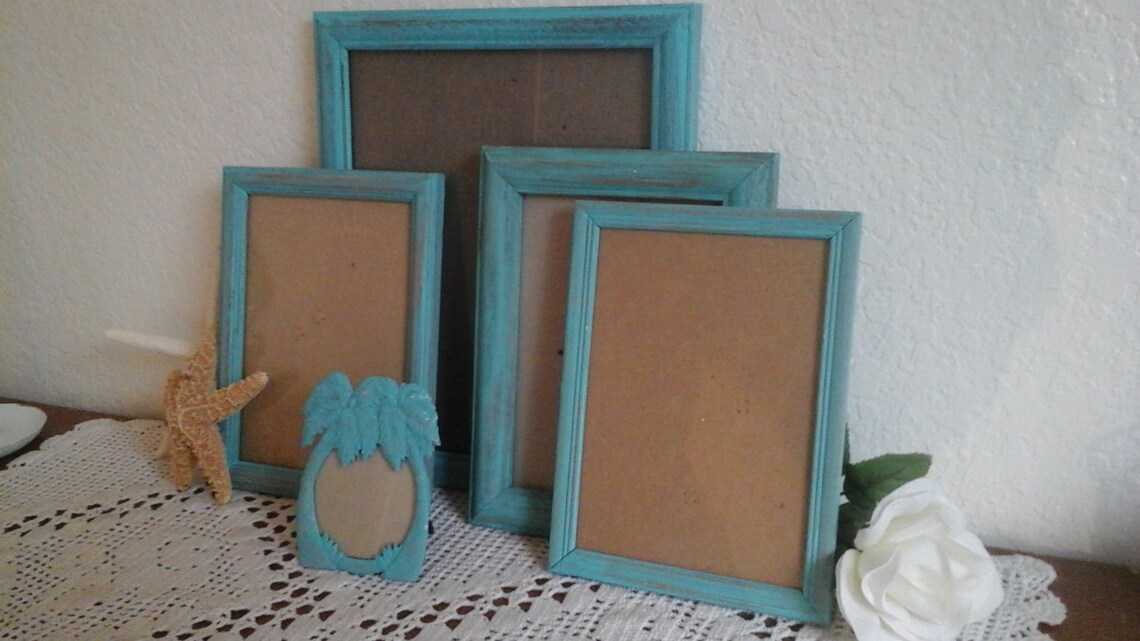 Aqua Turquoise Blue Frame Set Shabby Chic Distressed Beach Cottage ...