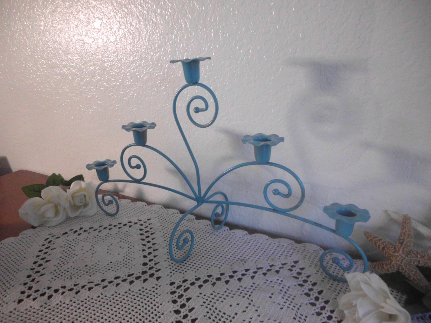 Taper Candelabra Aqua Turquoise Teal Blue Candle Holder Shabby Chic ...