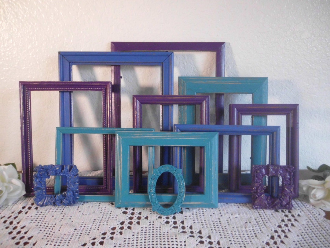 Peacock Frame Set Teal Blue Purple Rustic Shabby Chic Distressed Home ...