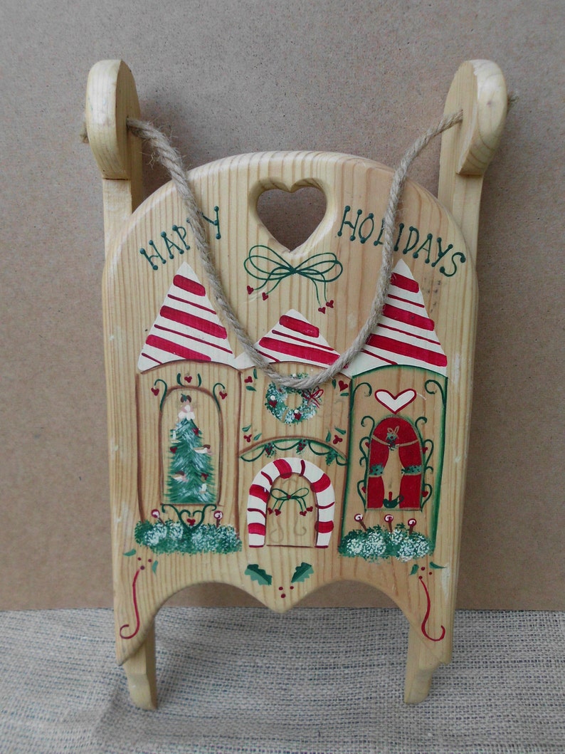 Vintage Wood Sleigh Door Hanging Christmas Happy Holidays Wall ...