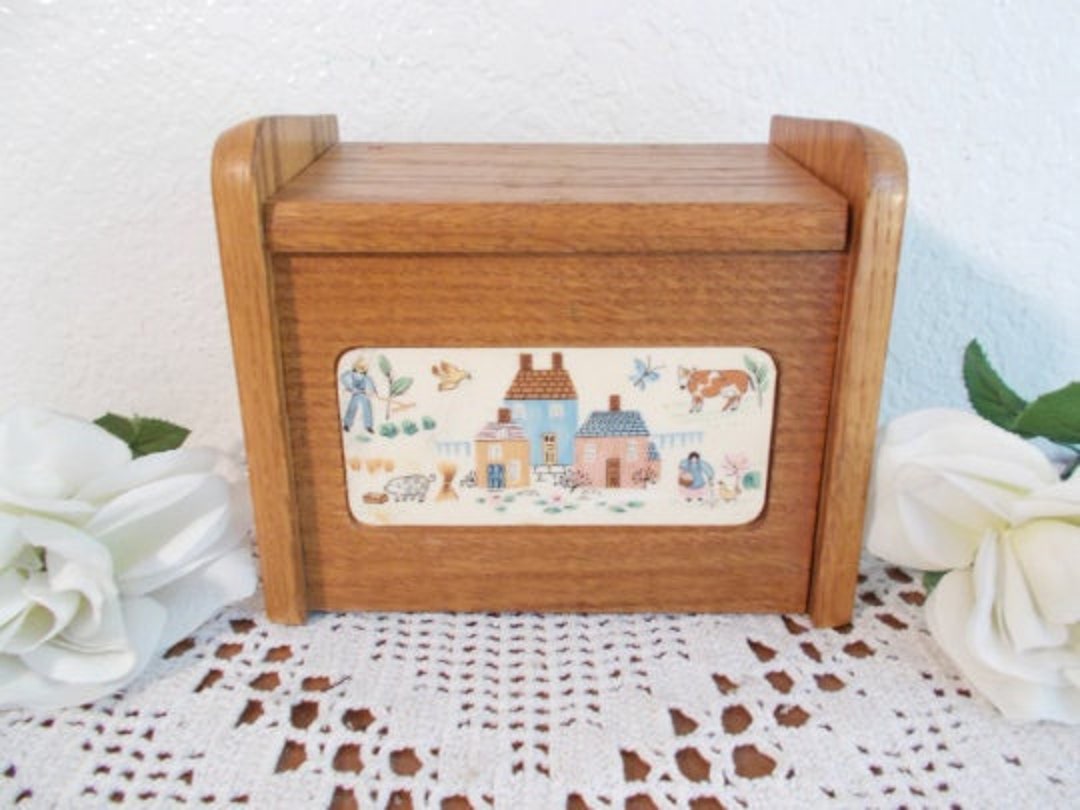 Vintage Wood & Tile Recipe Card File Box Kitchen Storage Organizer Mid ...