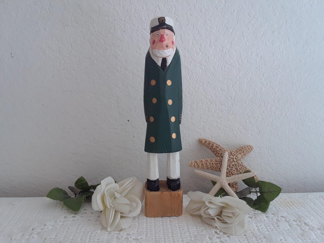 Vintage Carved Wood Sea Captain Statue Painted Wooden Figurine Nautical ...