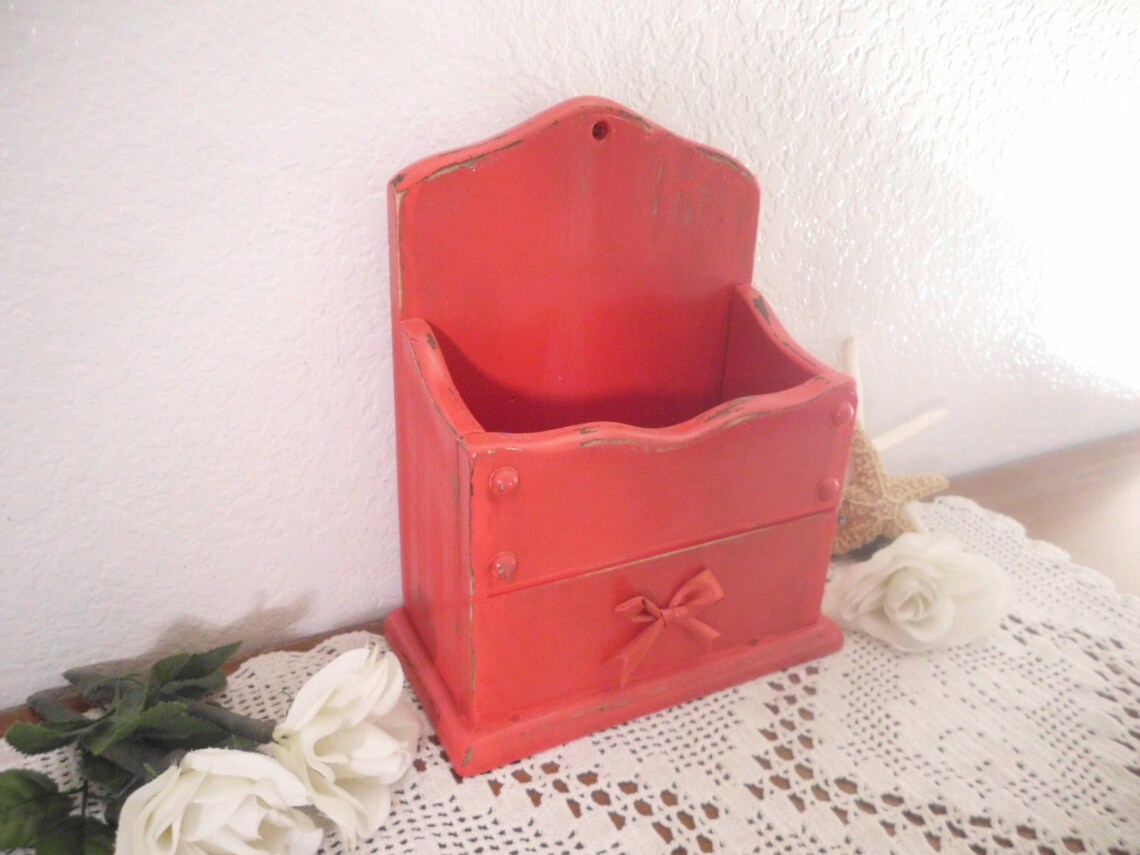 Red Recipe Card Box Index Desk Storage up Cycled Vintage Wood ...