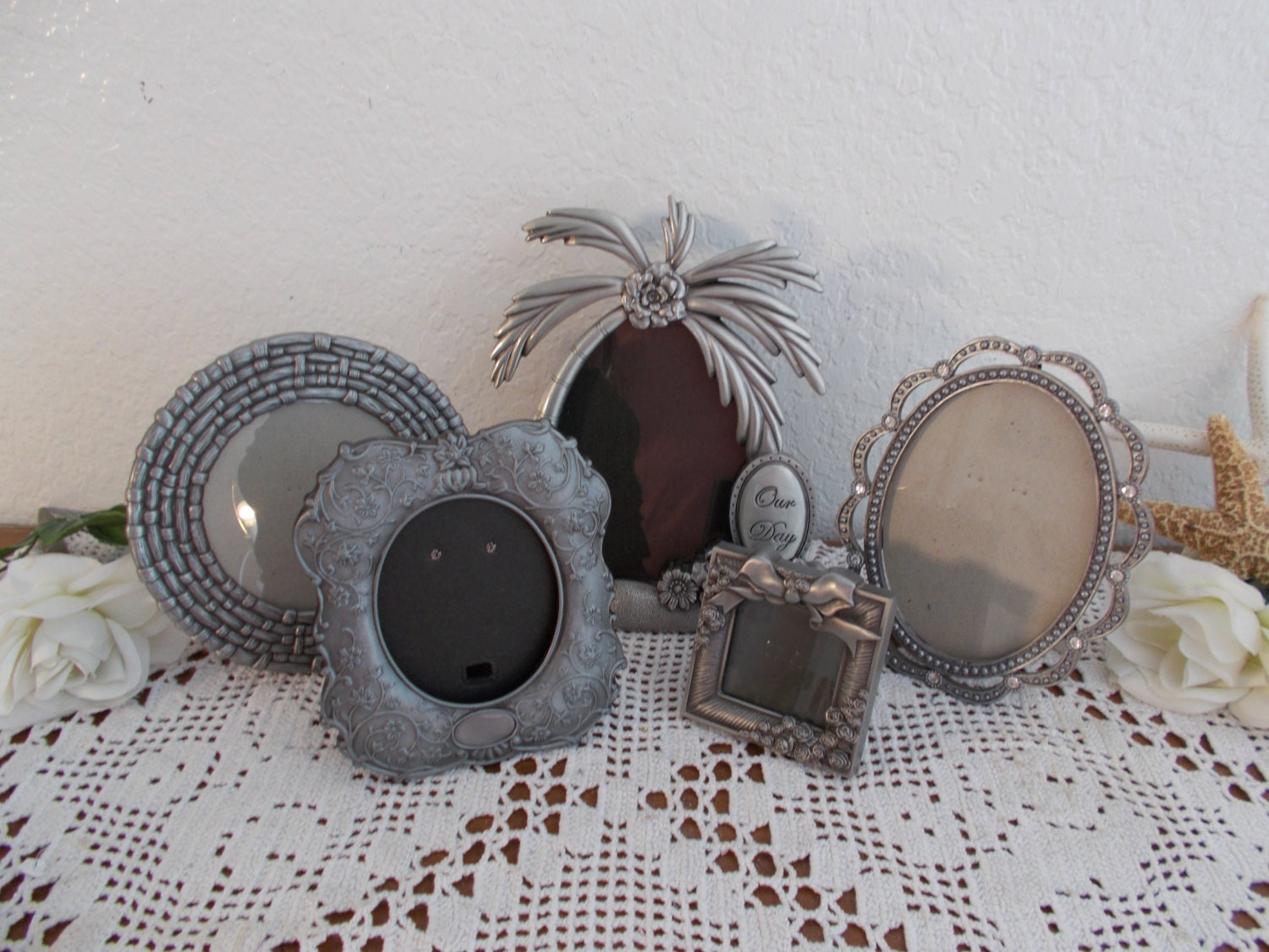 Vintage Silver Metal Picture Frame Set Photo Gallery Collection Rustic ...