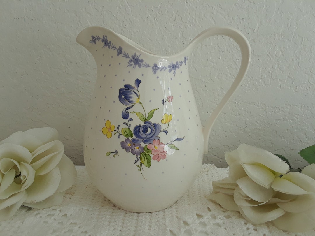 Vintage Blue Peony White Pitcher Nikko Tableware Beach Cottage Coastal ...