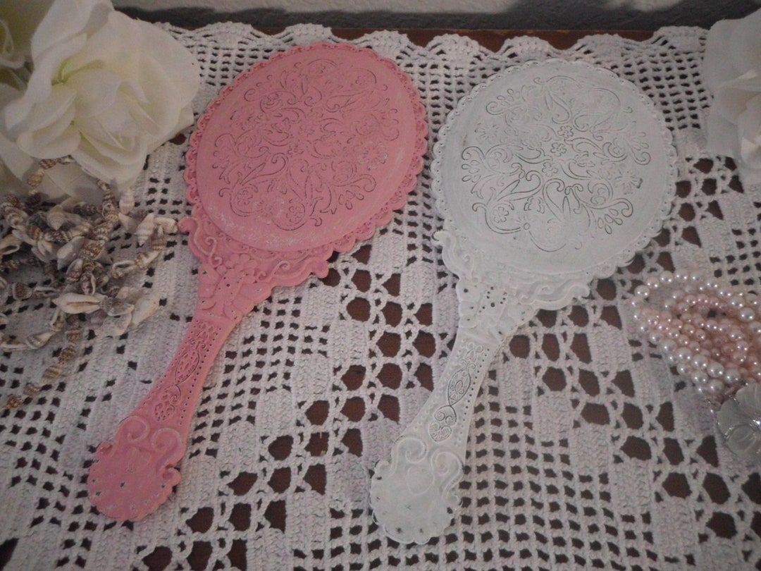 Hand Held Mirror Ornate Rustic Pink White Shabby Chic Cottage French ...