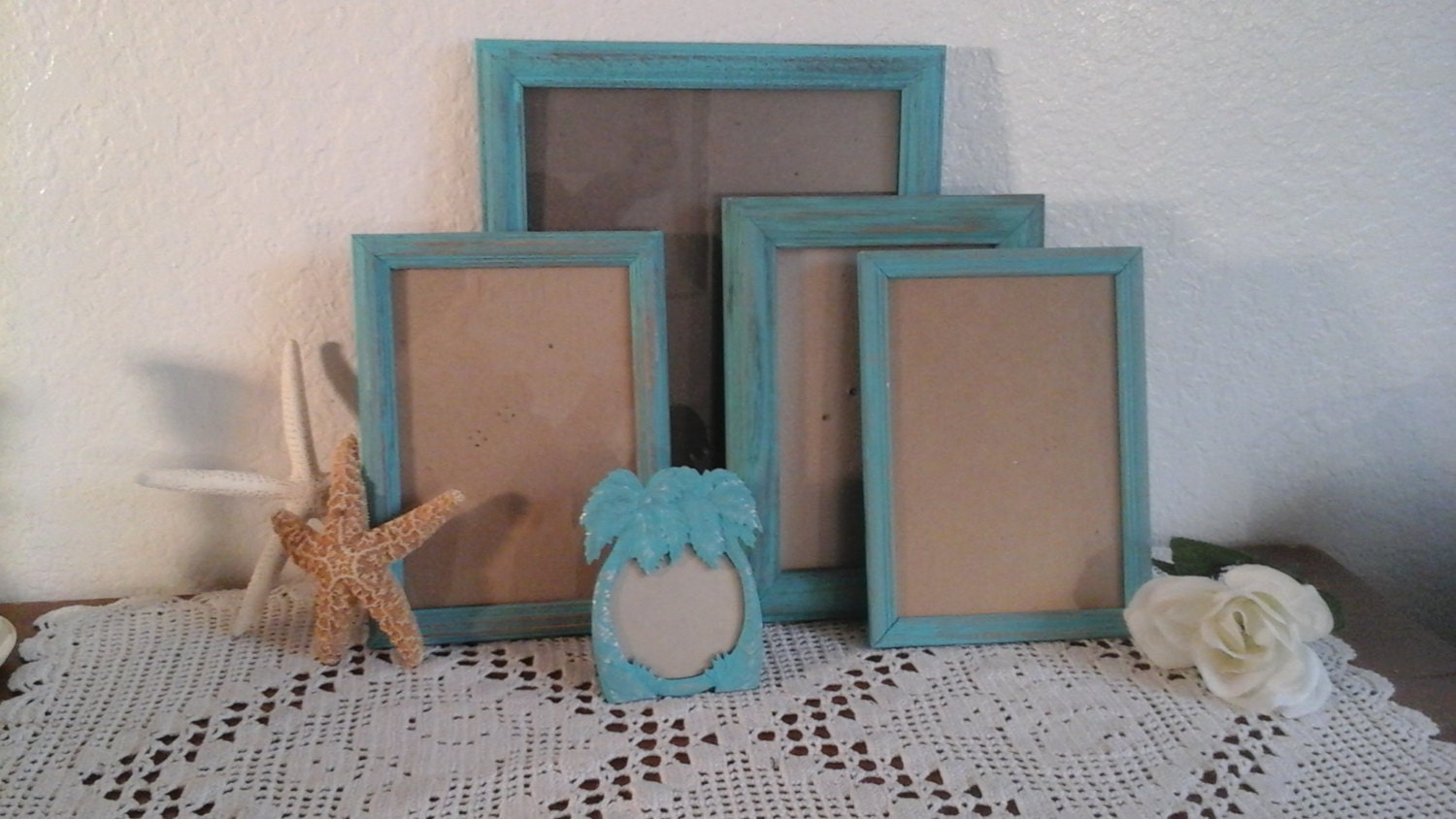 Aqua Turquoise Blue Frame Set Shabby Chic Distressed Beach Cottage ...