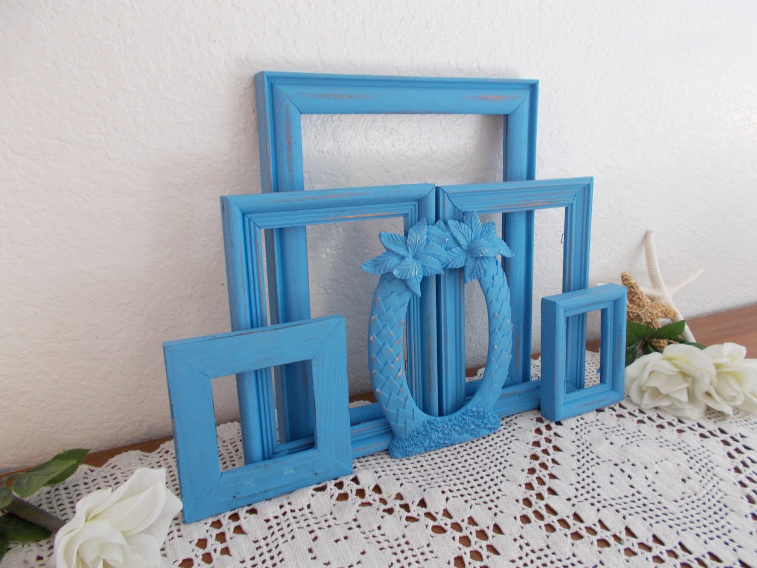 Blue Frame Set Shabby Chic Distressed Picture Photo Palm Tree ...