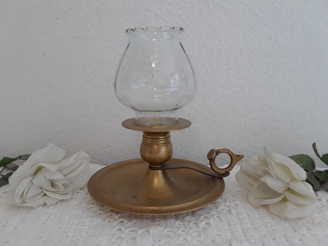 Vintage Solid Gold Cast Brass Chamberstick Candle Holder With Clear ...