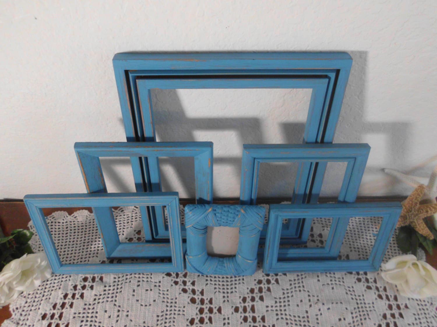 Aqua Turquoise Blue Picture Frame Set Shabby Chic Beach Cottage Coastal ...