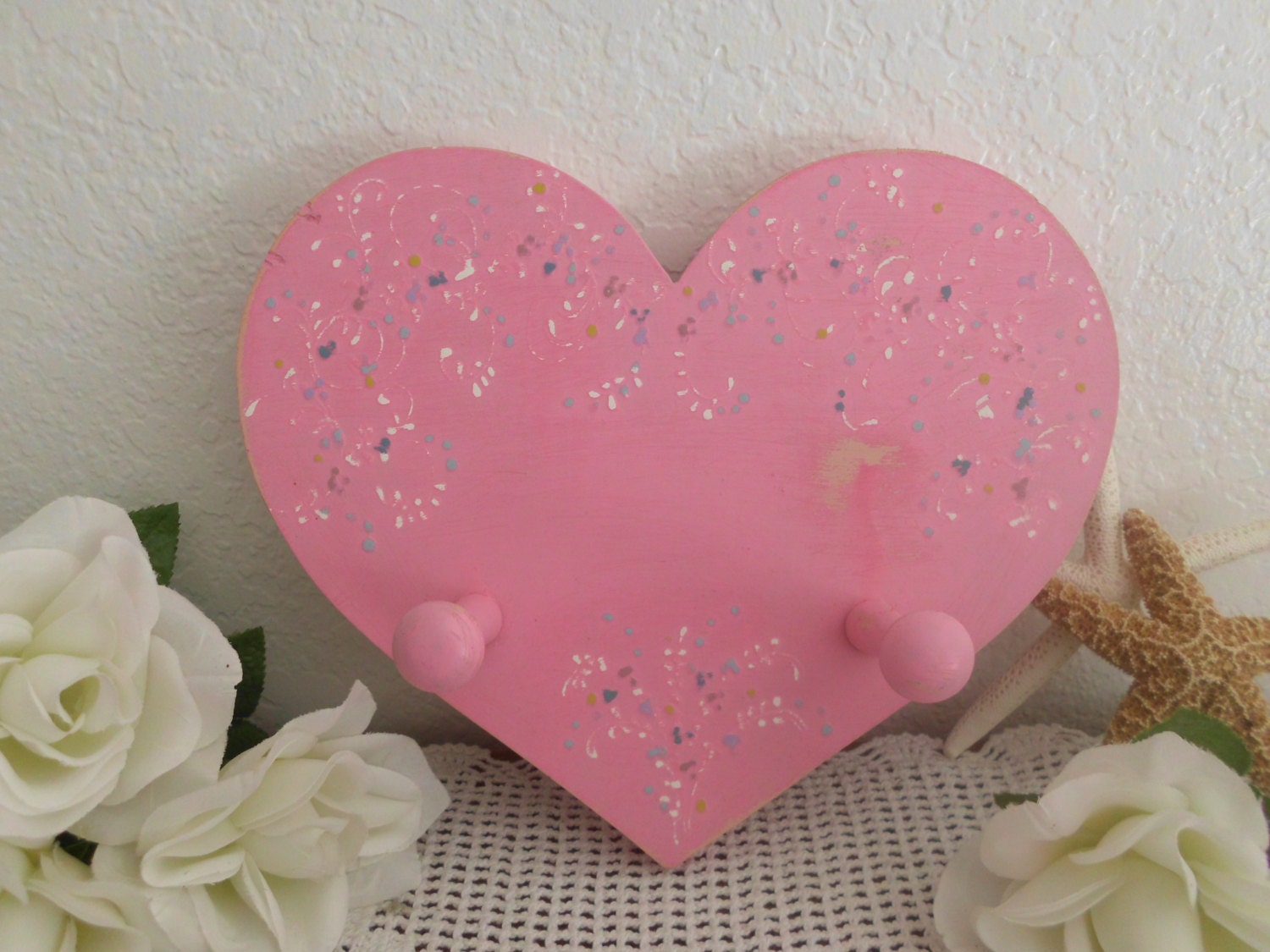 Pink Shabby Chic Heart Peg Rack Cute Key Apron Kitchen Organizer Beach ...