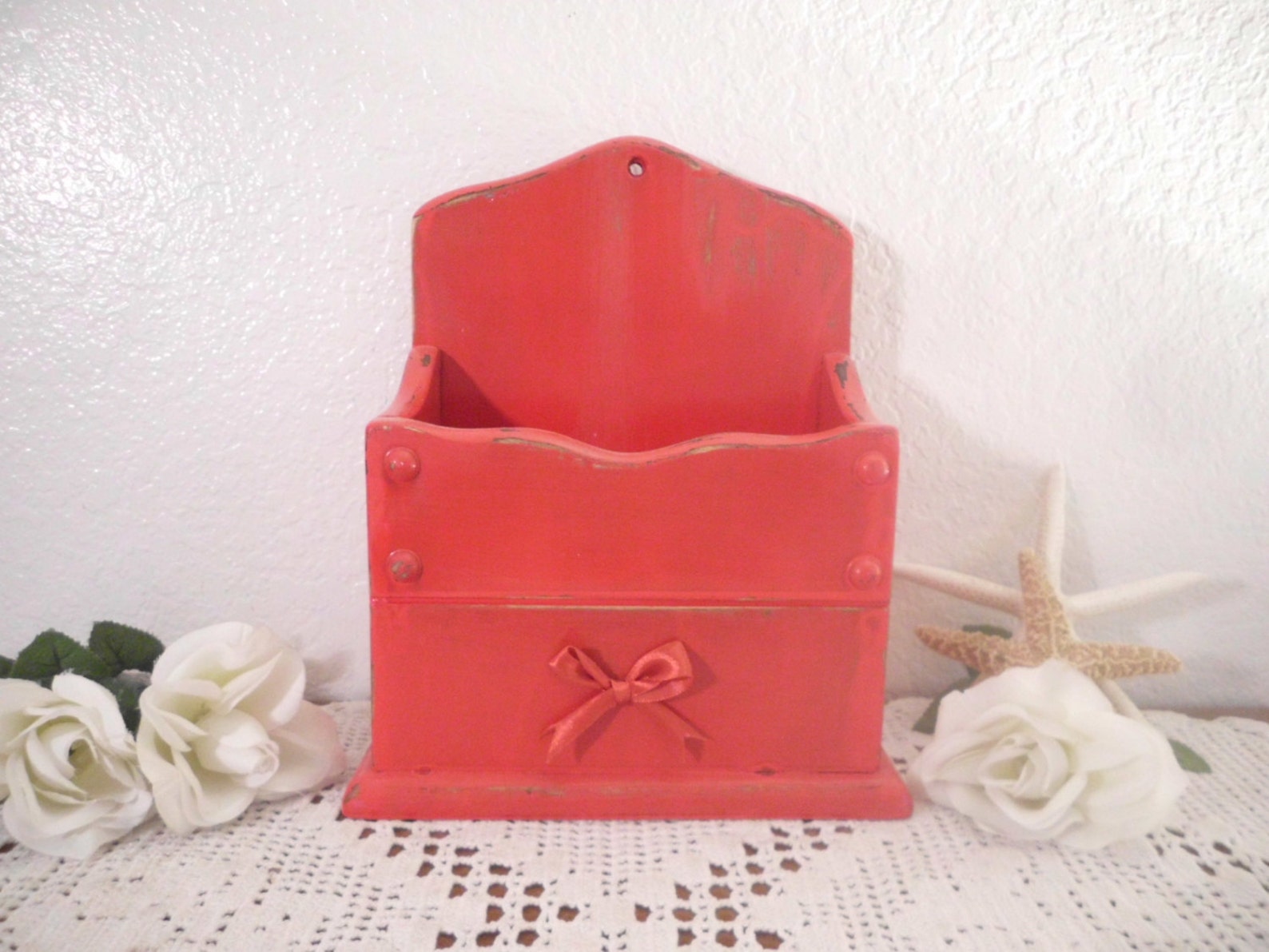 Red Recipe Card Box Index Desk Storage up Cycled Vintage Wood ...