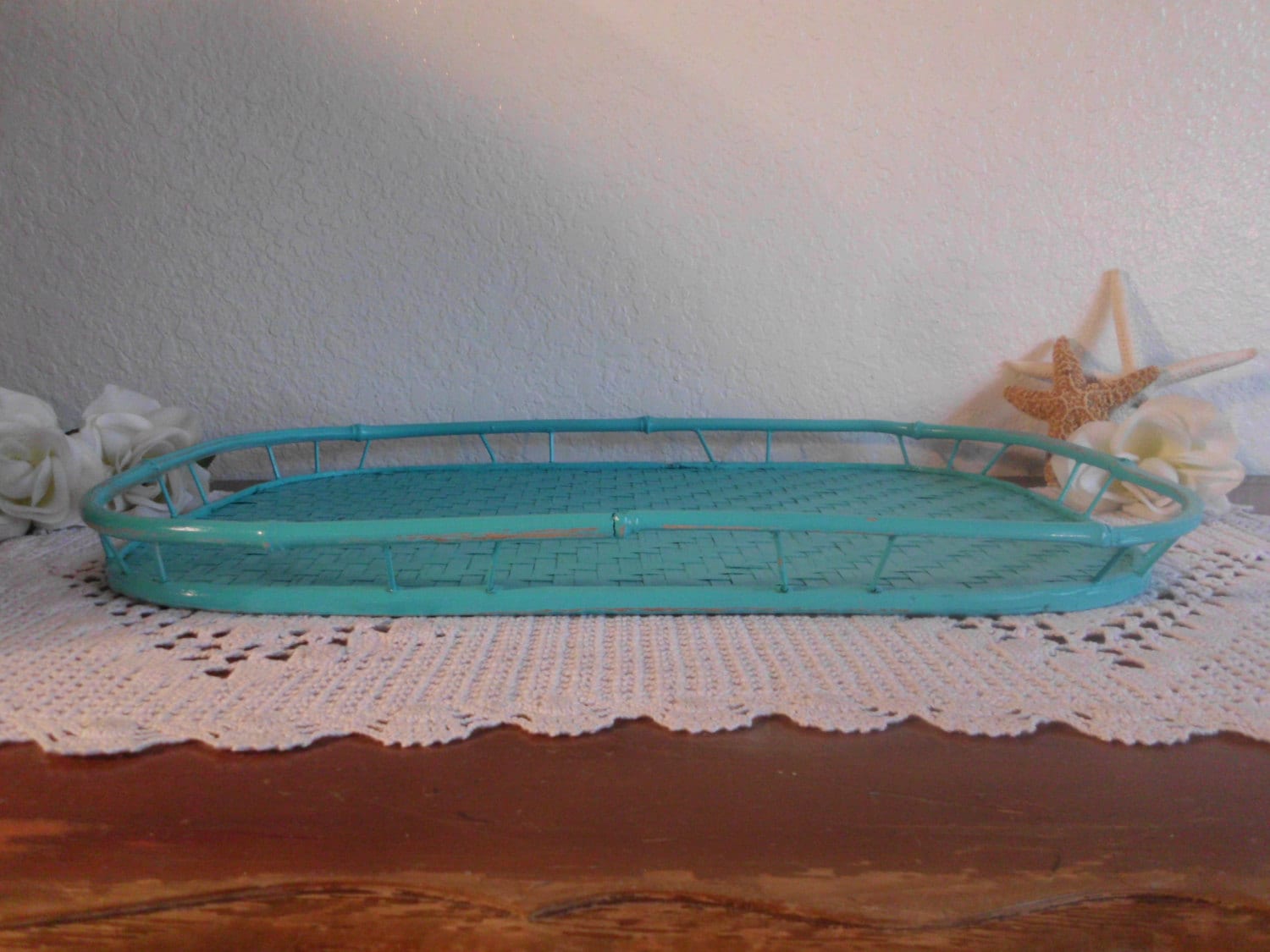 Aqua Turquoise Blue Serving Tray Bamboo Rattan Beach Cottage | Etsy