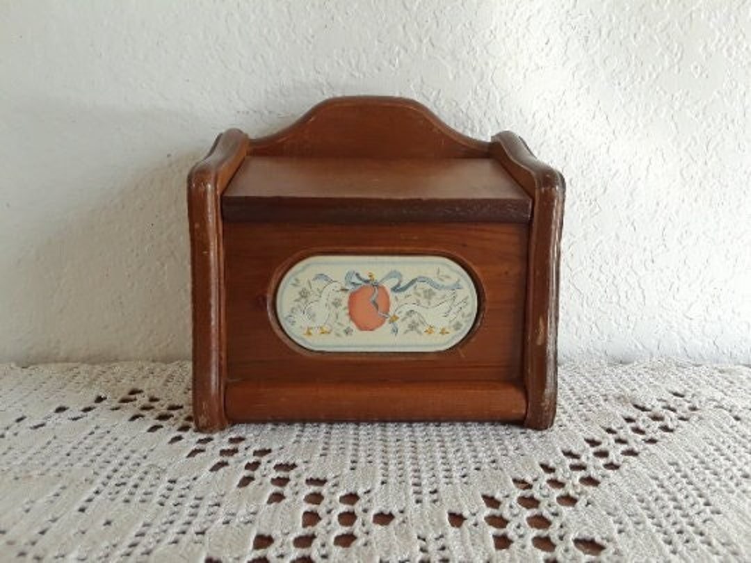 Vintage Dark Wood & Tile Recipe Card File Box Kitchen Storage Organizer ...