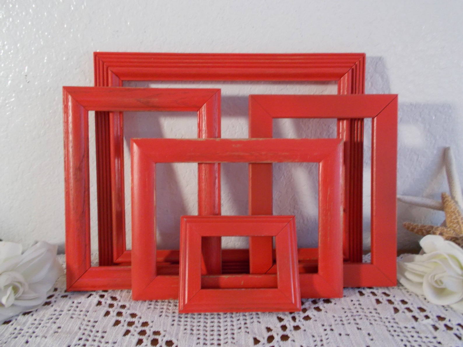 Poppy Red Picture Frame Set Photo Decoration Upcycled Vintage Wood ...