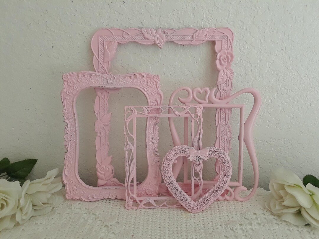 Pink Picture Frame Set Upcycled Vintage Flower Heart Wall Gallery Photo ...