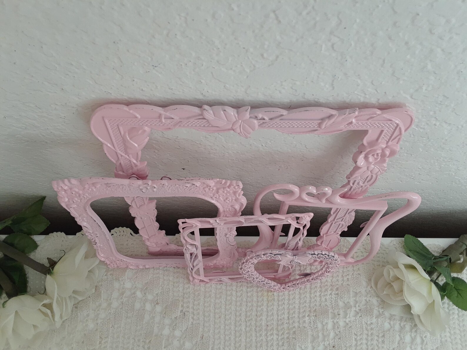 Pink Picture Frame Set Upcycled Vintage Flower Heart Wall Gallery Photo ...