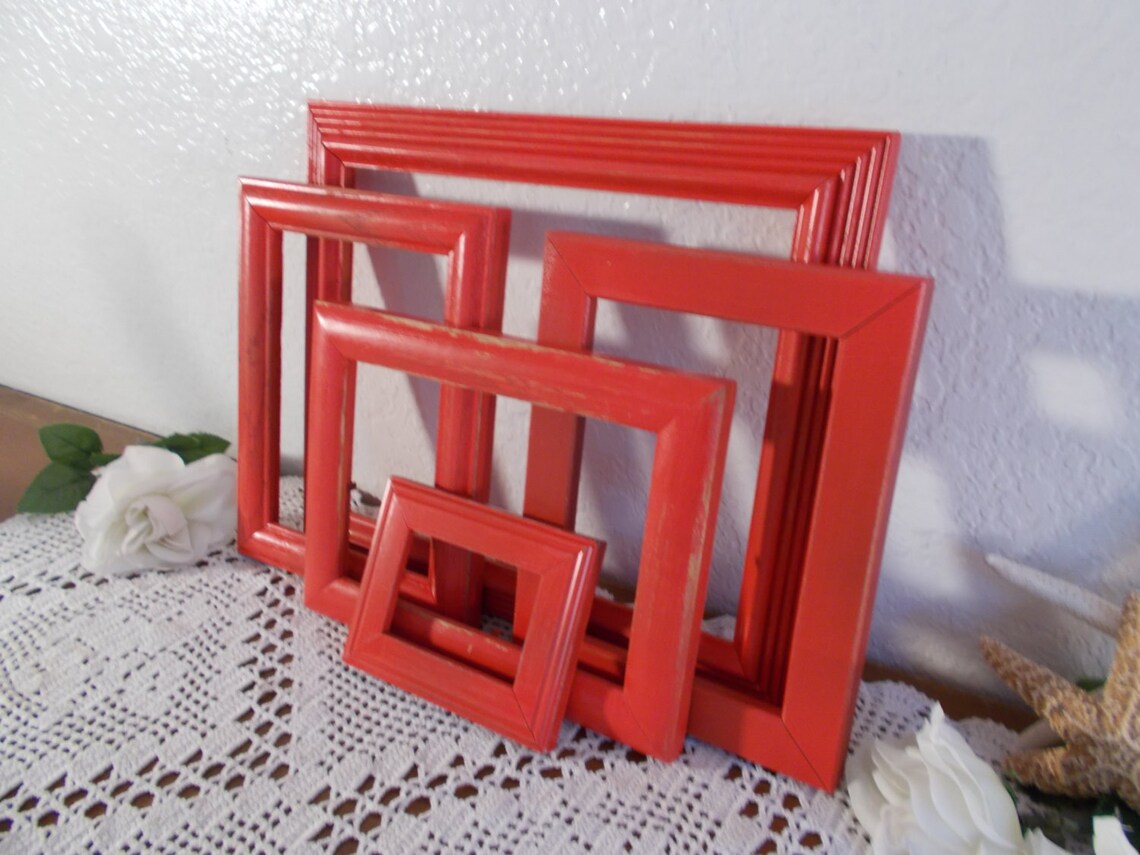 Poppy Red Picture Frame Set Photo Decoration Upcycled Vintage Wood ...