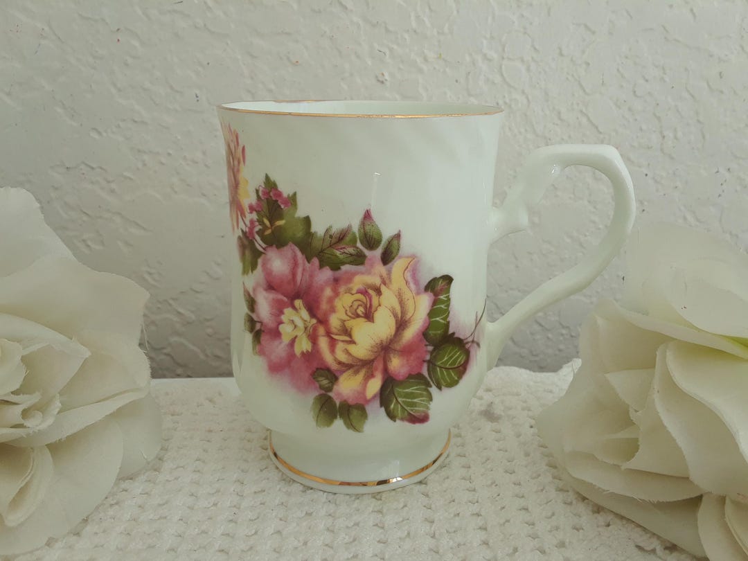Vintage Yellow & Pink Rose Coffee Mug Hitkari Potteries Bone China Made ...