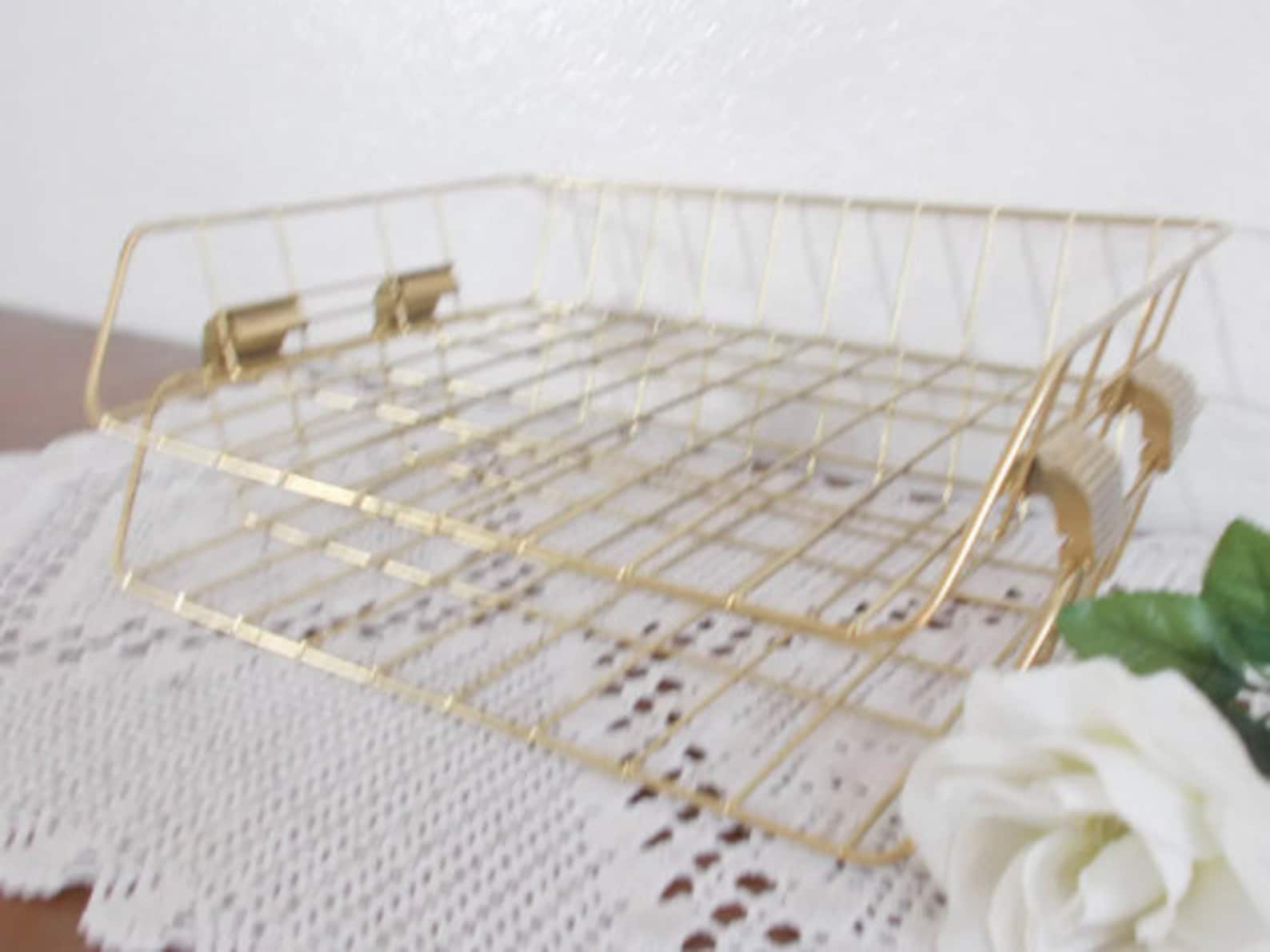 Gold Metal Wire Desk Tray Paper Organizer Industrial Office Table ...