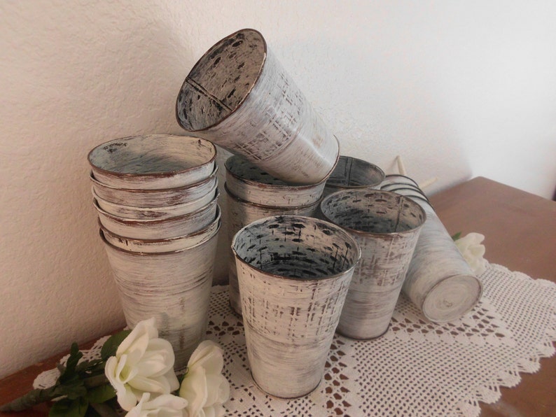 White Wedding Shabby Chic French Flower Bucket Rustic Tin Distressed ...