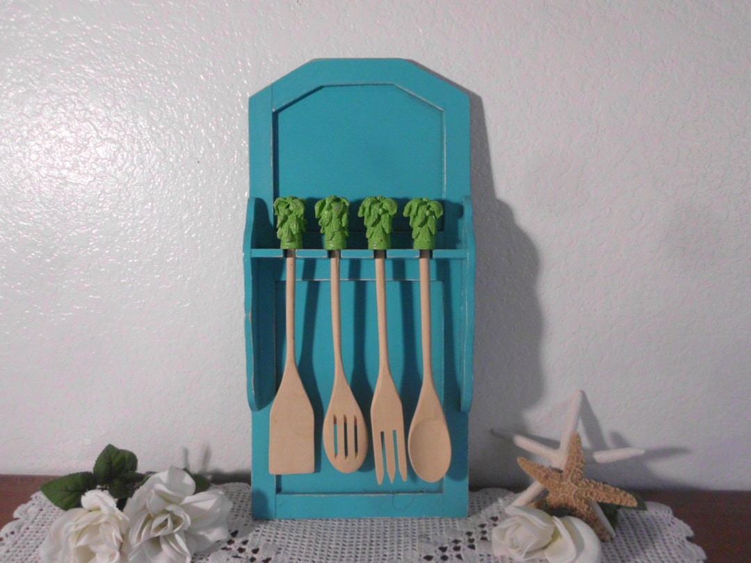 Turquoise Blue Lime Green Palm Tree Kitchen Wood Utensil Set Beach ...