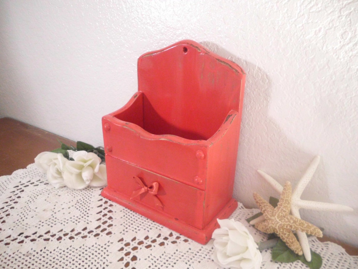 Red Recipe Card Box Index Desk Storage up Cycled Vintage Wood ...
