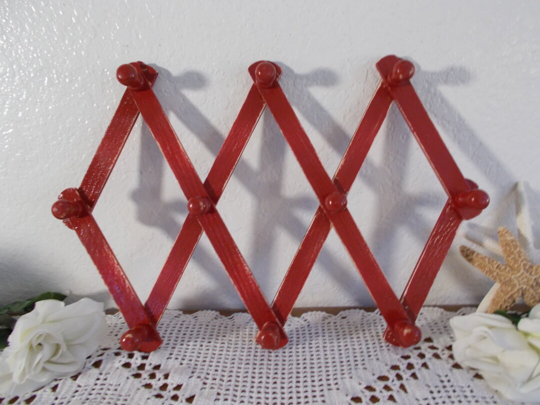 Red Peg Rack Rustic Shabby Chic Distressed Wood Accordian Wall Key ...