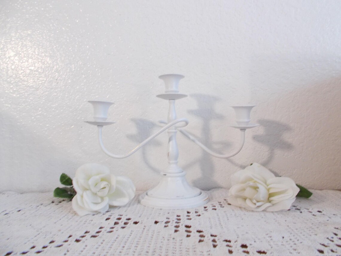 Wedding Unity Candle Holder White Shabby Chic Taper Candelabra Upcycled ...