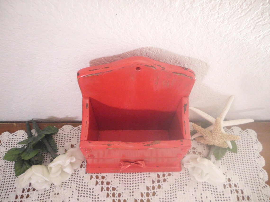 Red Recipe Card Box Index Desk Storage up Cycled Vintage Wood ...