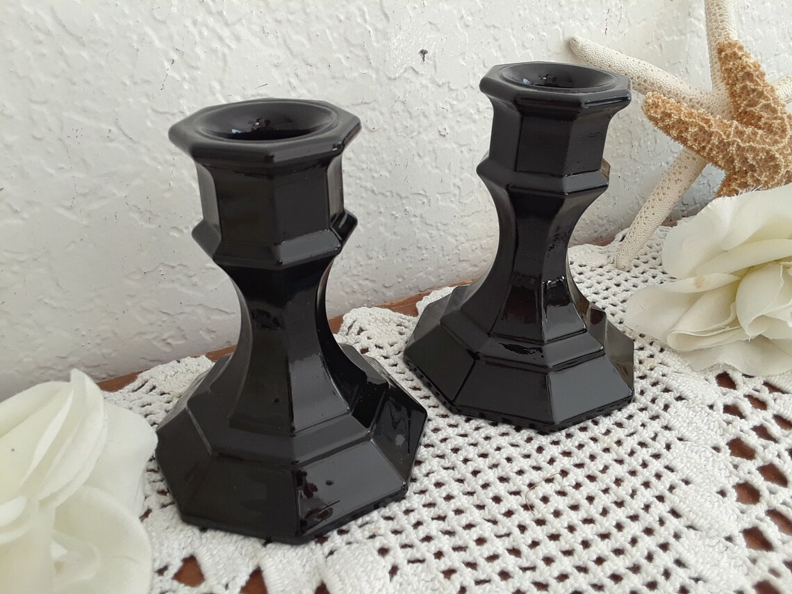 Black Candle Holder Set Shiny Gloss Black Taper Candlestick Pair Paris ...