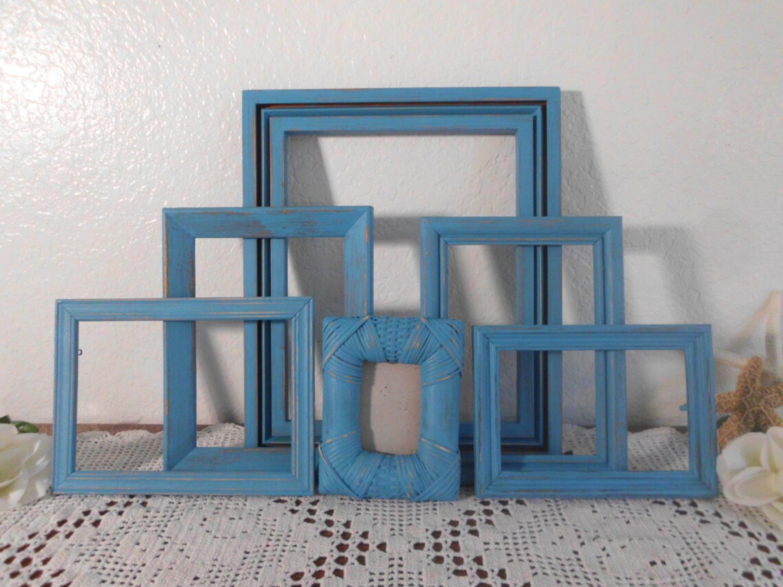 Aqua Turquoise Blue Picture Frame Set Shabby Chic Beach Cottage Coastal ...