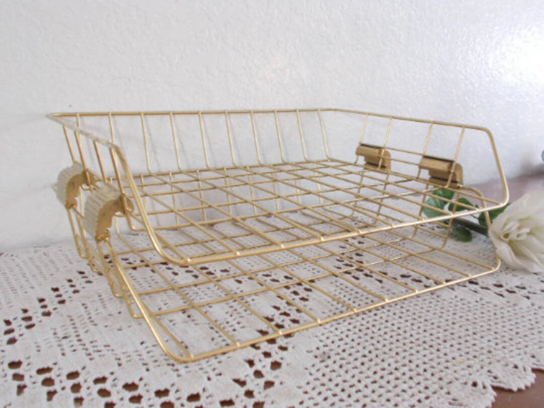 Gold Metal Wire Desk Tray Paper Organizer Industrial Office Table ...