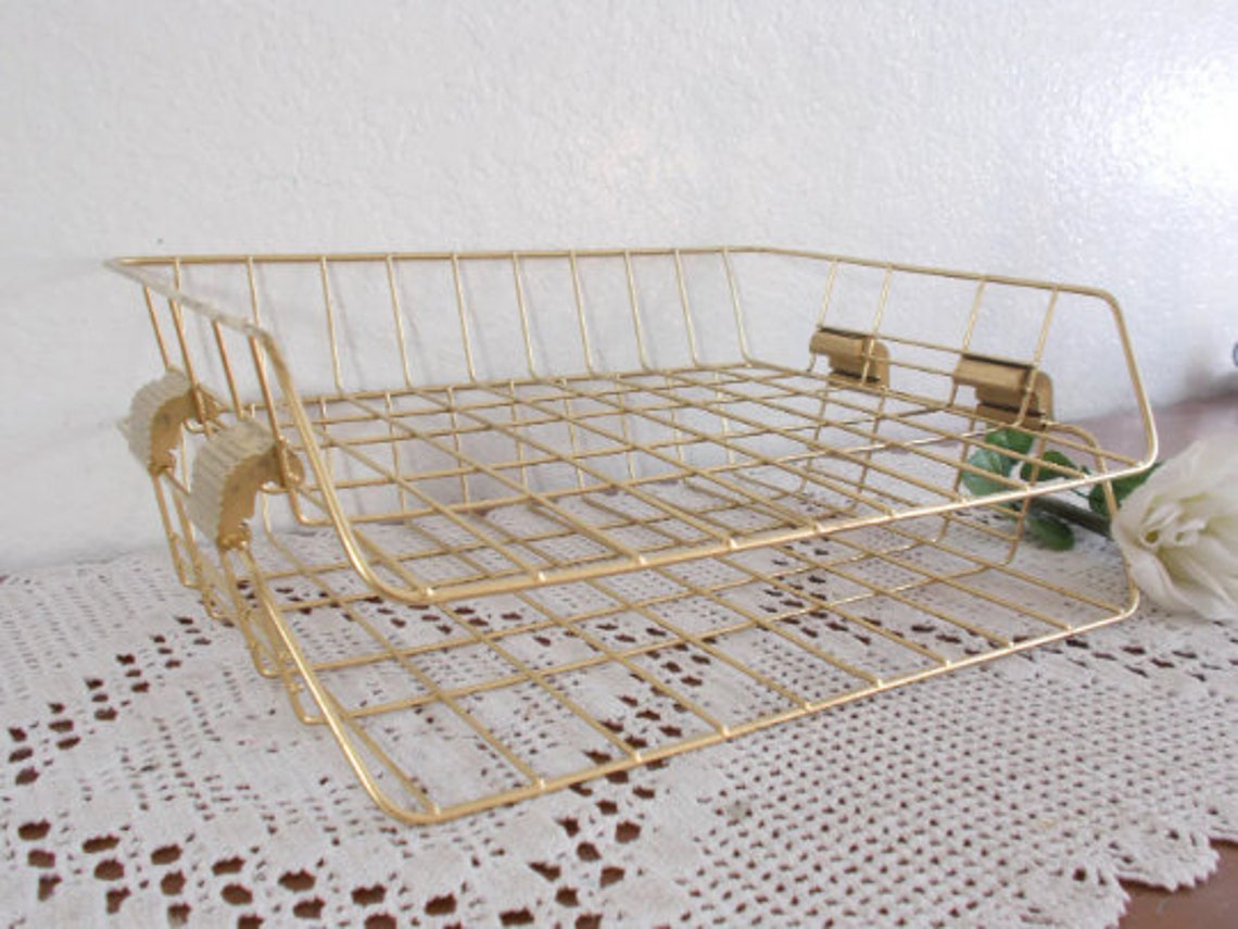 Gold Metal Wire Desk Tray Paper Organizer Industrial Office Table ...