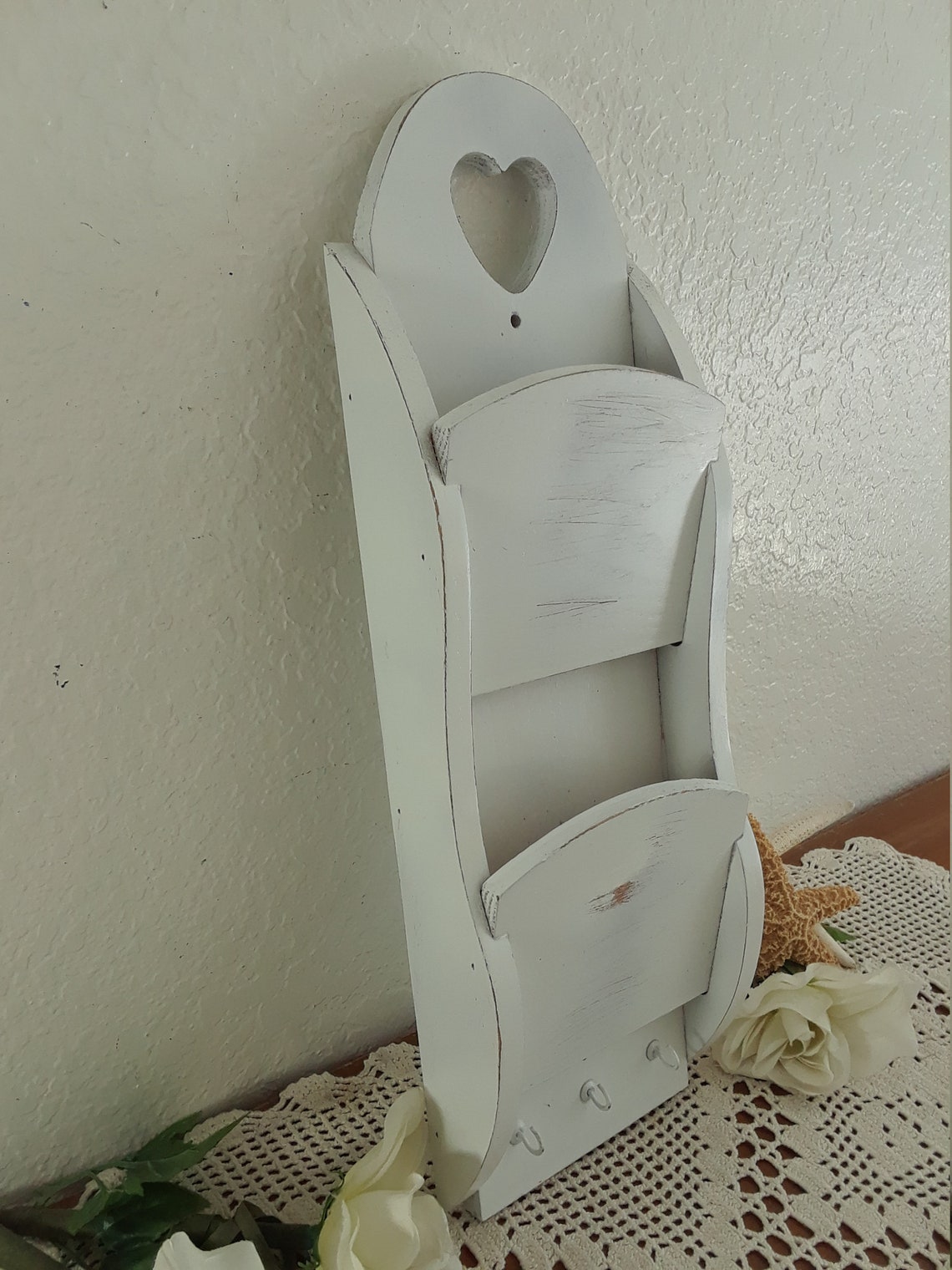 White Shabby Chic Heart Mail / Key Rack Storage Organizer - Etsy