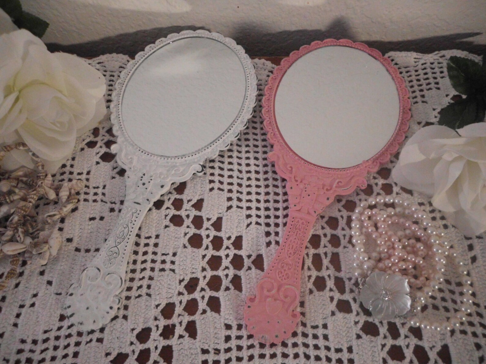 Hand Held Mirror Ornate Rustic Pink White Shabby Chic Cottage | Etsy