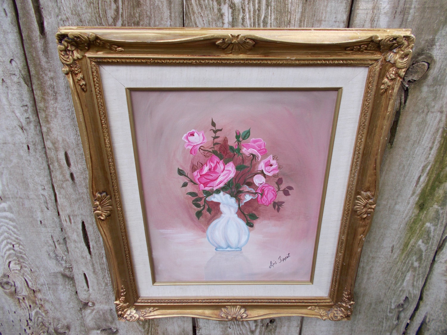 Vintage Pink Rose Oil Canvas Painting Ornate Gold Gilt Baroque Frame ...