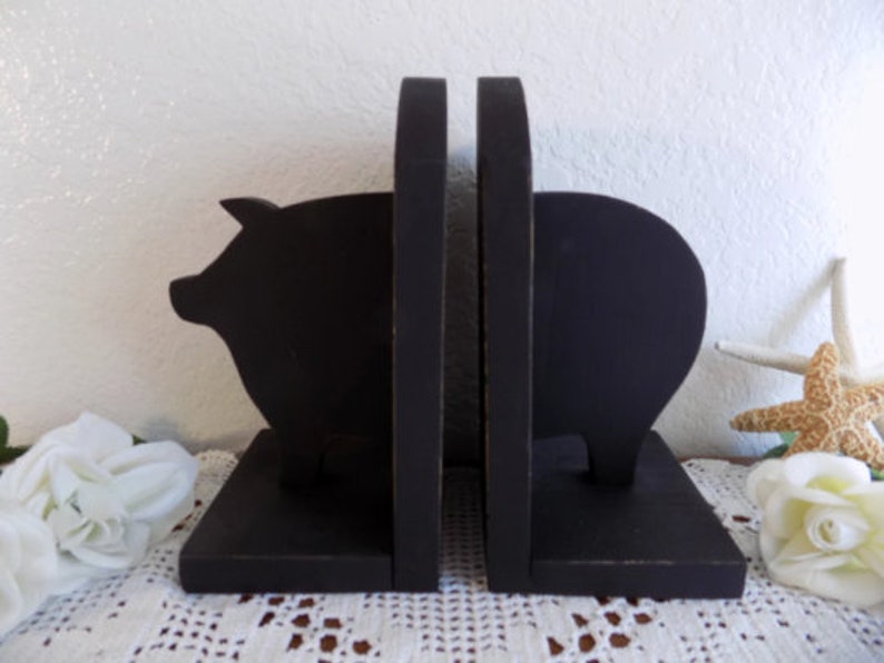 Black Pig Bookend Set up Cycled Vintage Book End Pair Rustic Country ...