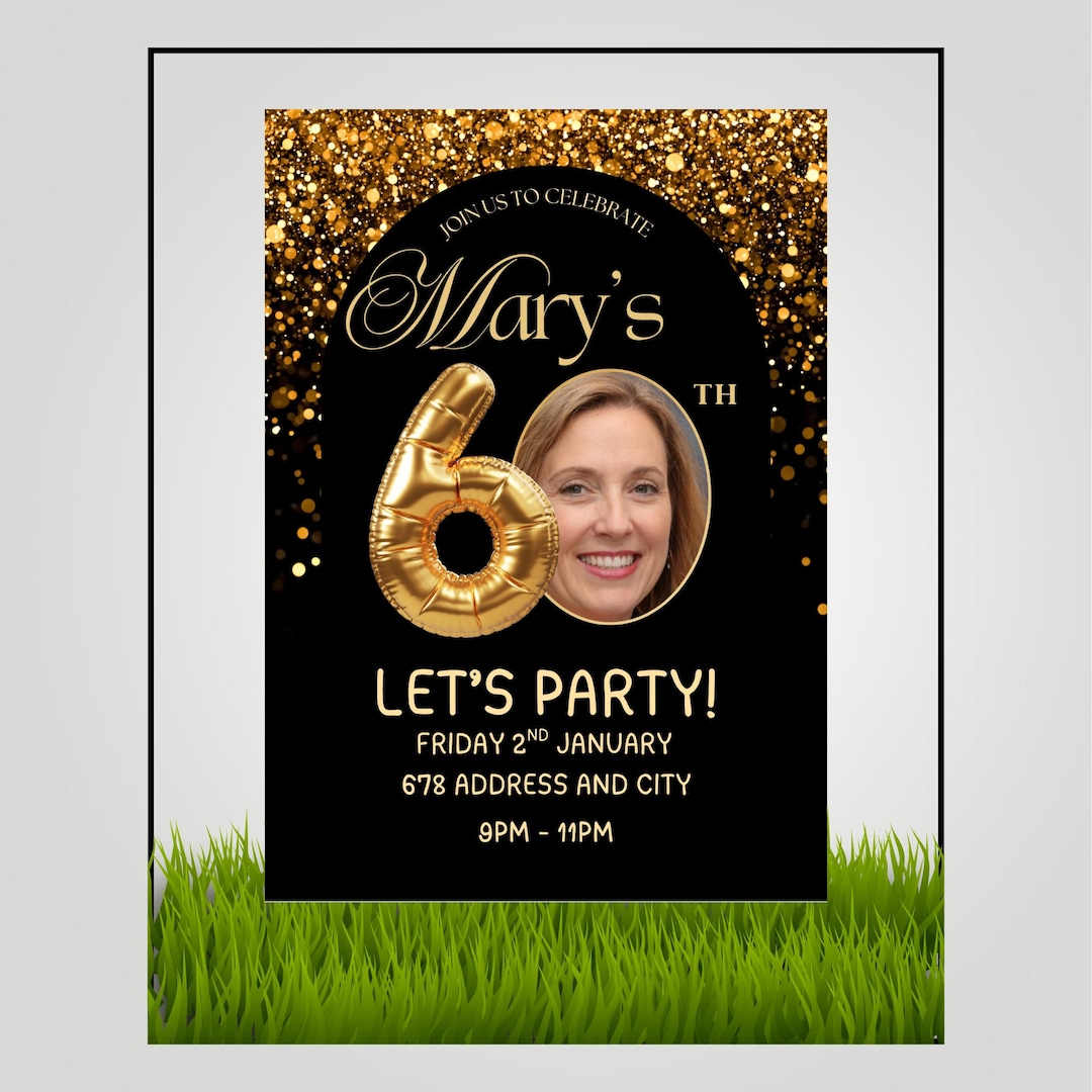 60th Birthday Party Invitation Canva Template | Luxury Black & Gold ...