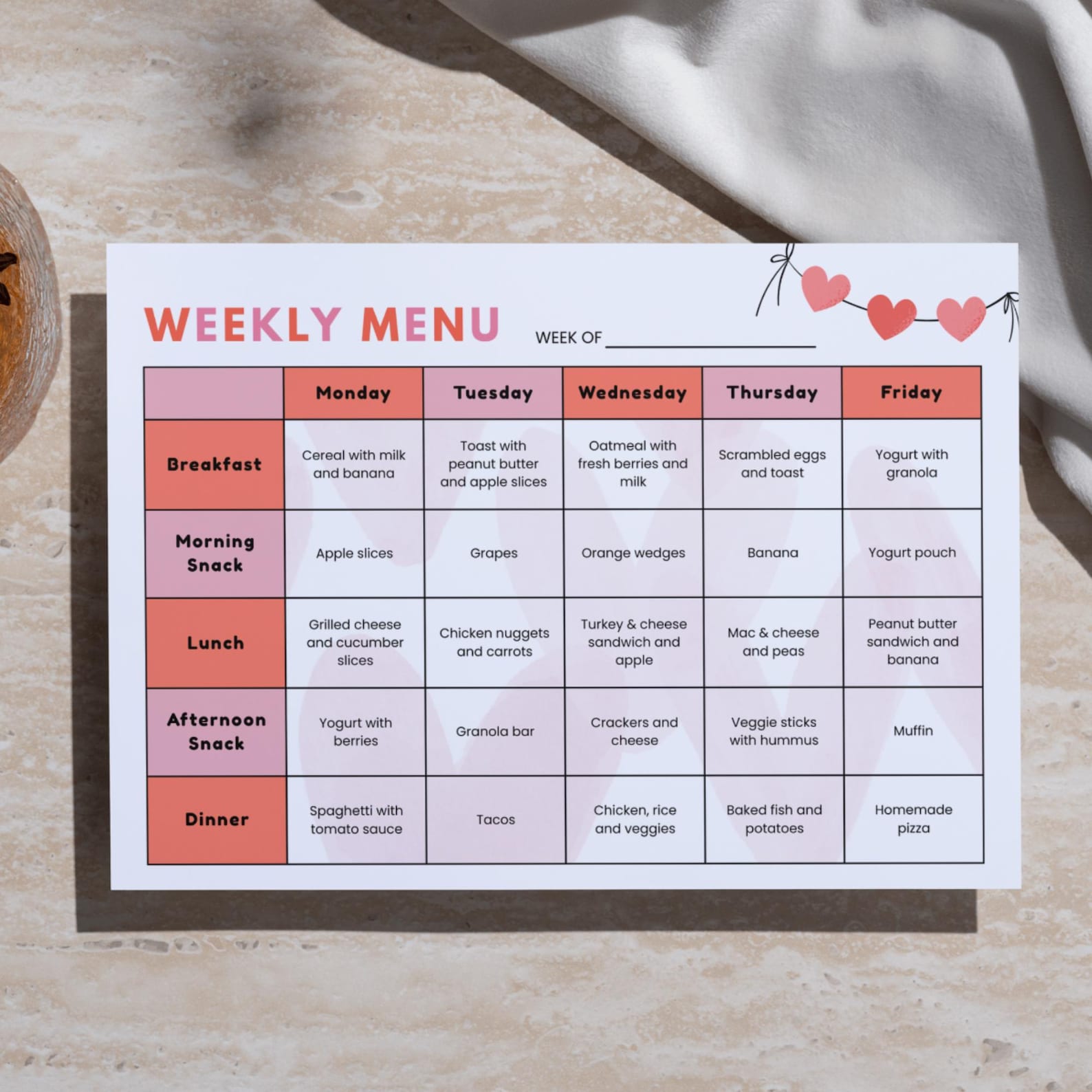 Daycare Weekly Menu, Editable Canva Meal Template, Preschool Printable ...