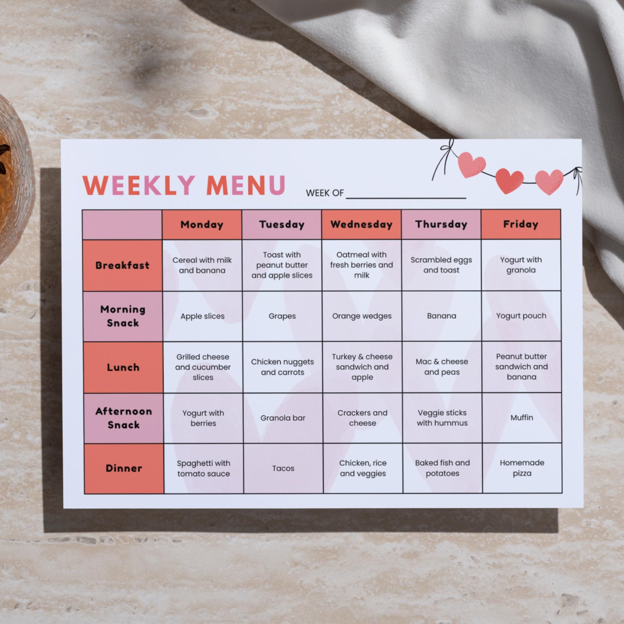 Daycare Weekly Menu, Editable Canva Meal Template, Preschool Printable ...
