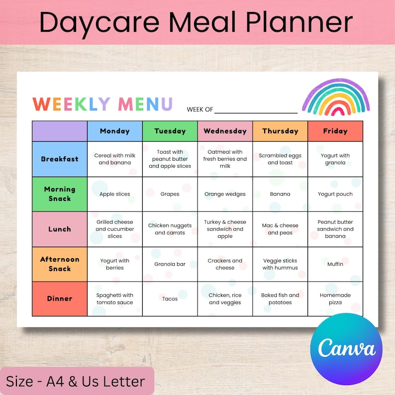 Daycare Weekly Menu, Editable Canva Meal Template, Preschool Printable ...