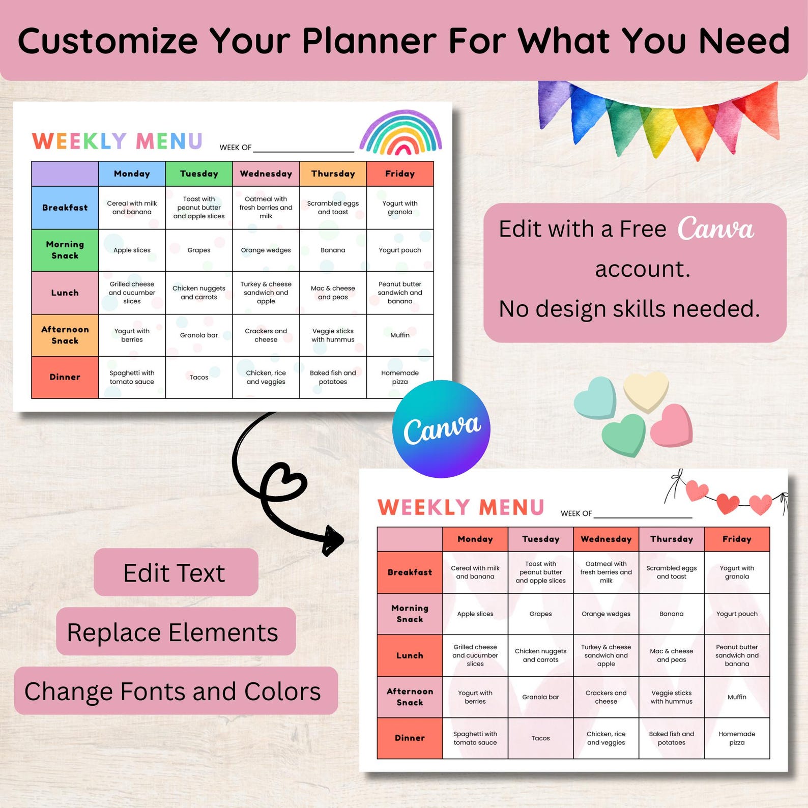 Daycare Weekly Menu, Editable Canva Meal Template, Preschool Printable ...