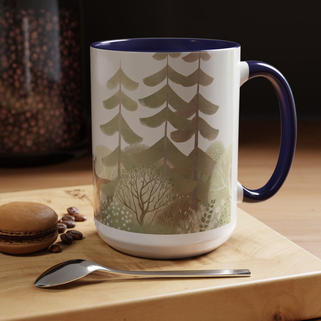 Woodland Deer Scene Accent Mug | Forest Illustration Coffee Mug - Etsy