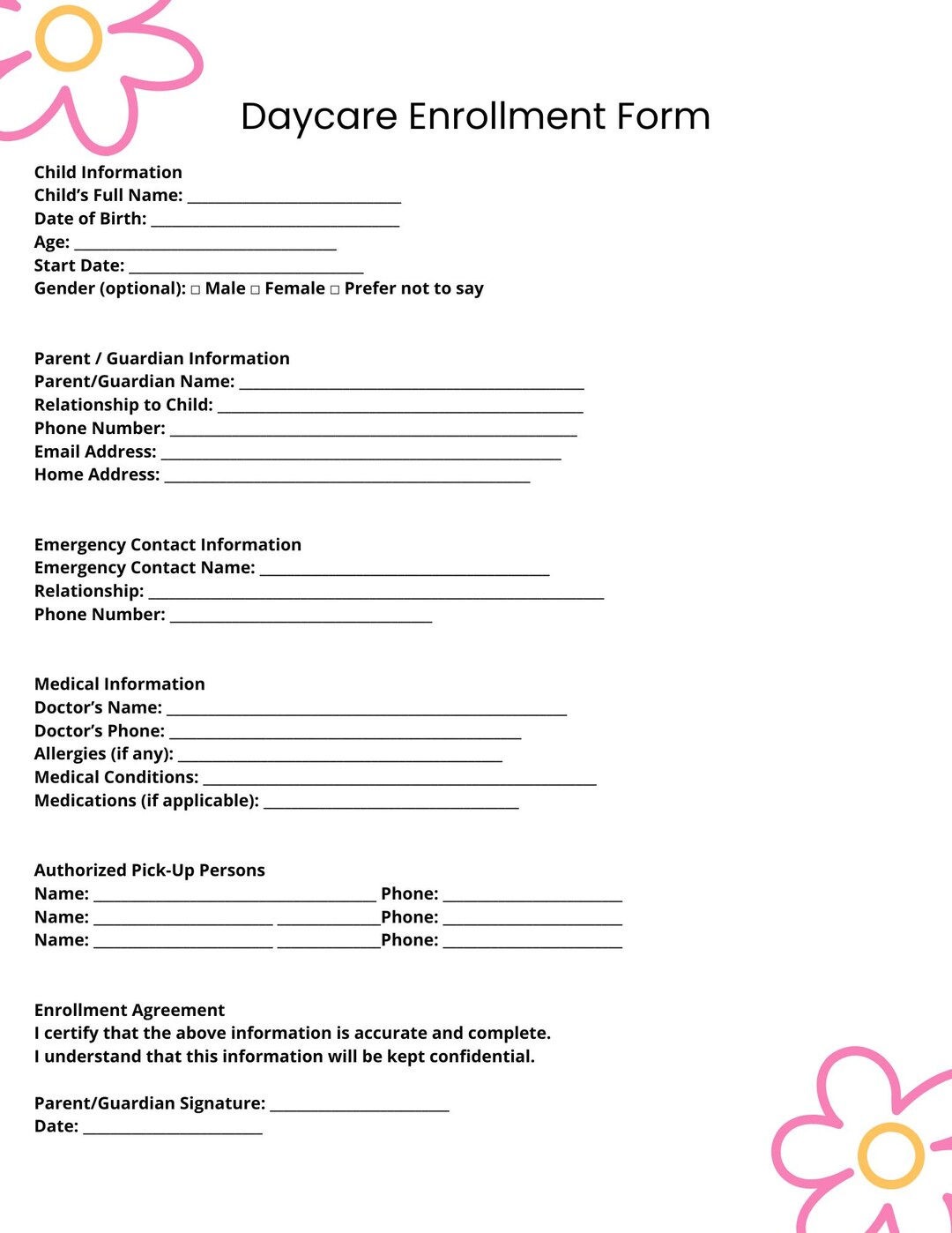 Daycare Enrollment Form Printable | Childcare Registration Form ...