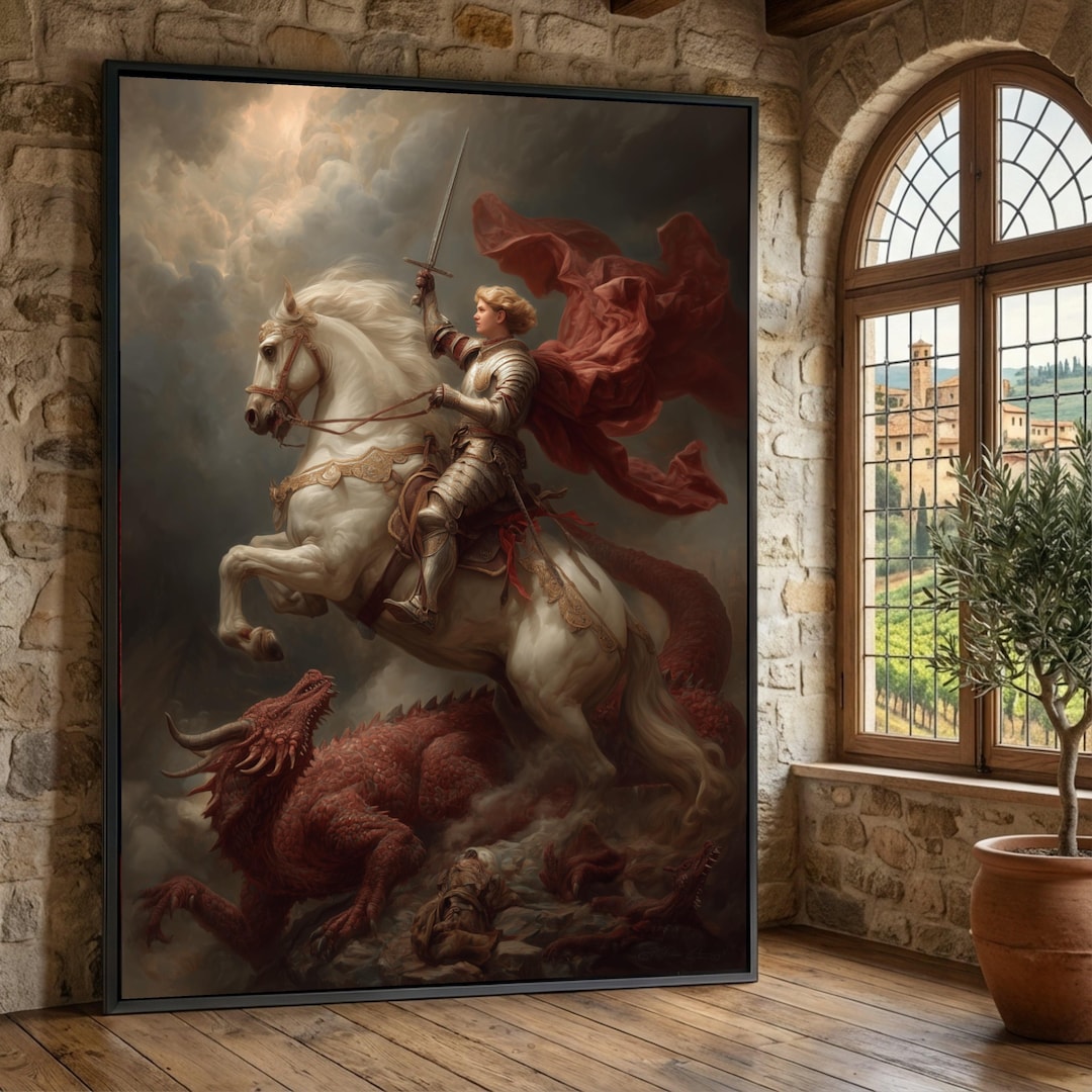 Knight Slaying Dragon Canvas, Medieval Battle Scene Wall Art - Etsy