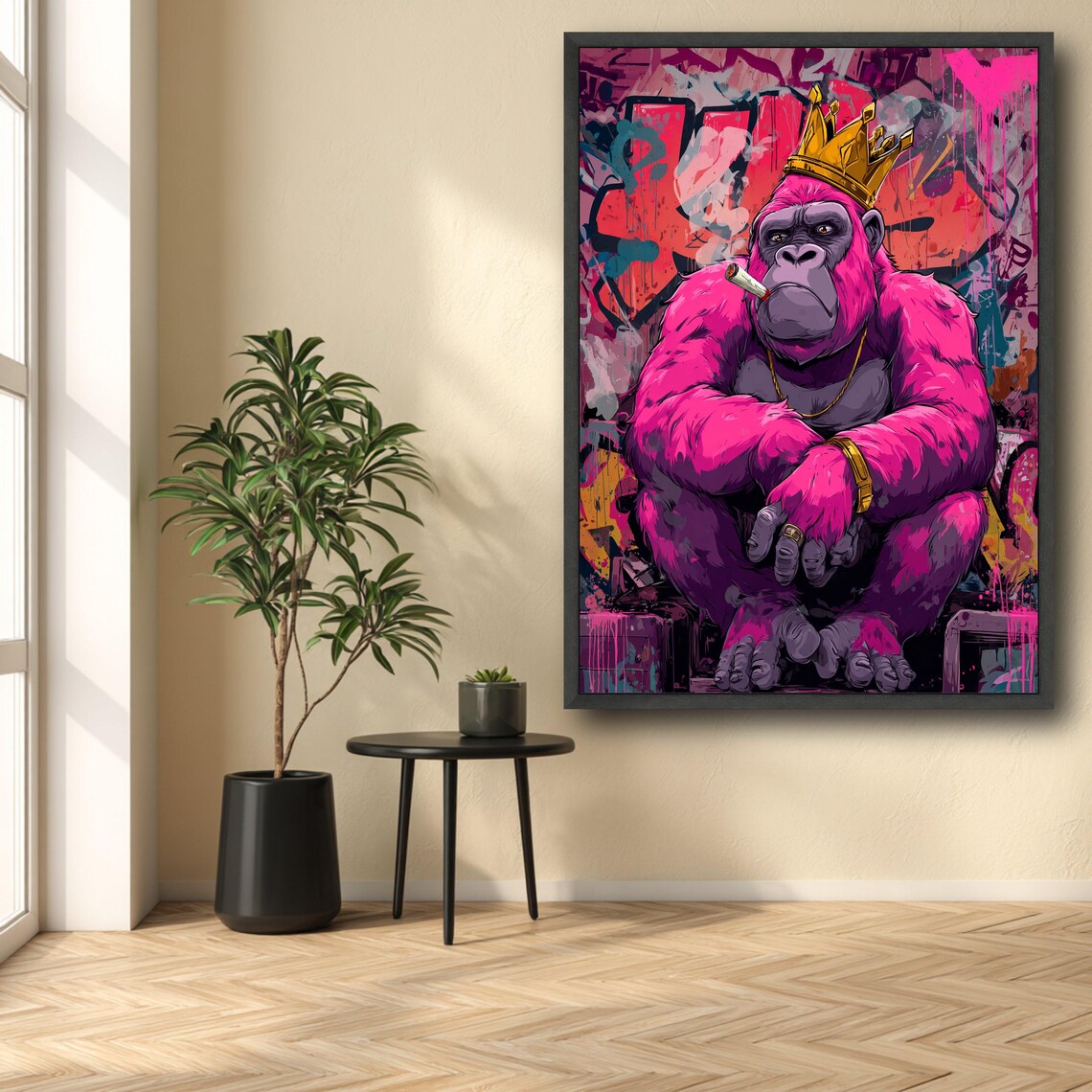 Urban Street Art Gorilla With Crown Canvas, Pink King Ape Wall Art ...