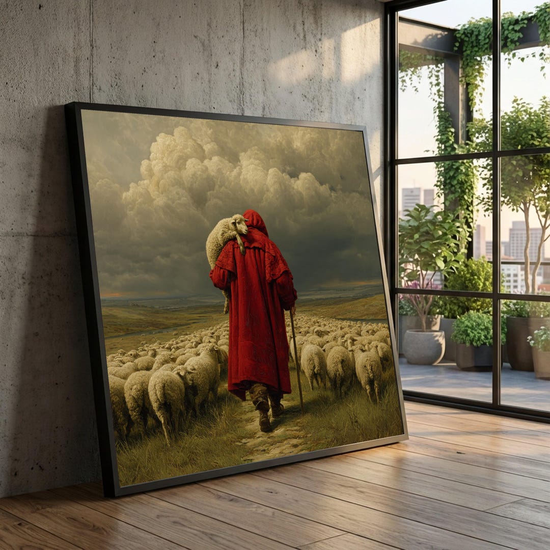 Shepherd in Red Cloak, Pastoral Sheep Canvas, Rustic Farm Landscape ...
