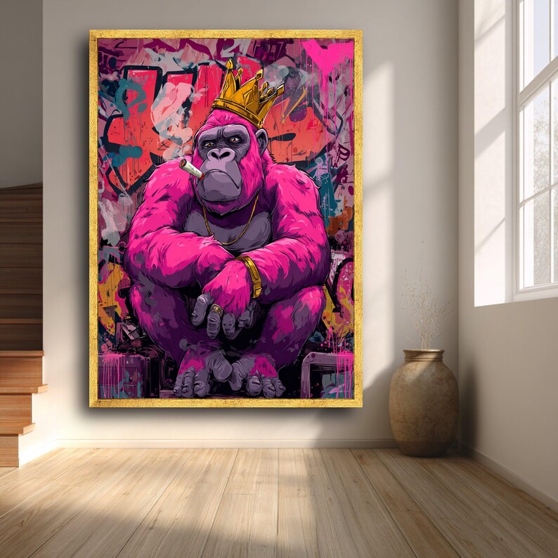 Urban Street Art Gorilla With Crown Canvas, Pink King Ape Wall Art ...